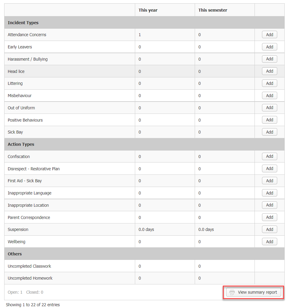 Viewing and printing an individual student incident summary report